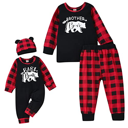 Aalizzwell Infant Baby Romper Toddler Brother Christmas Matching Outfits Xmas Buffalo Plaid Bear Boys Clothes 0-3 Months