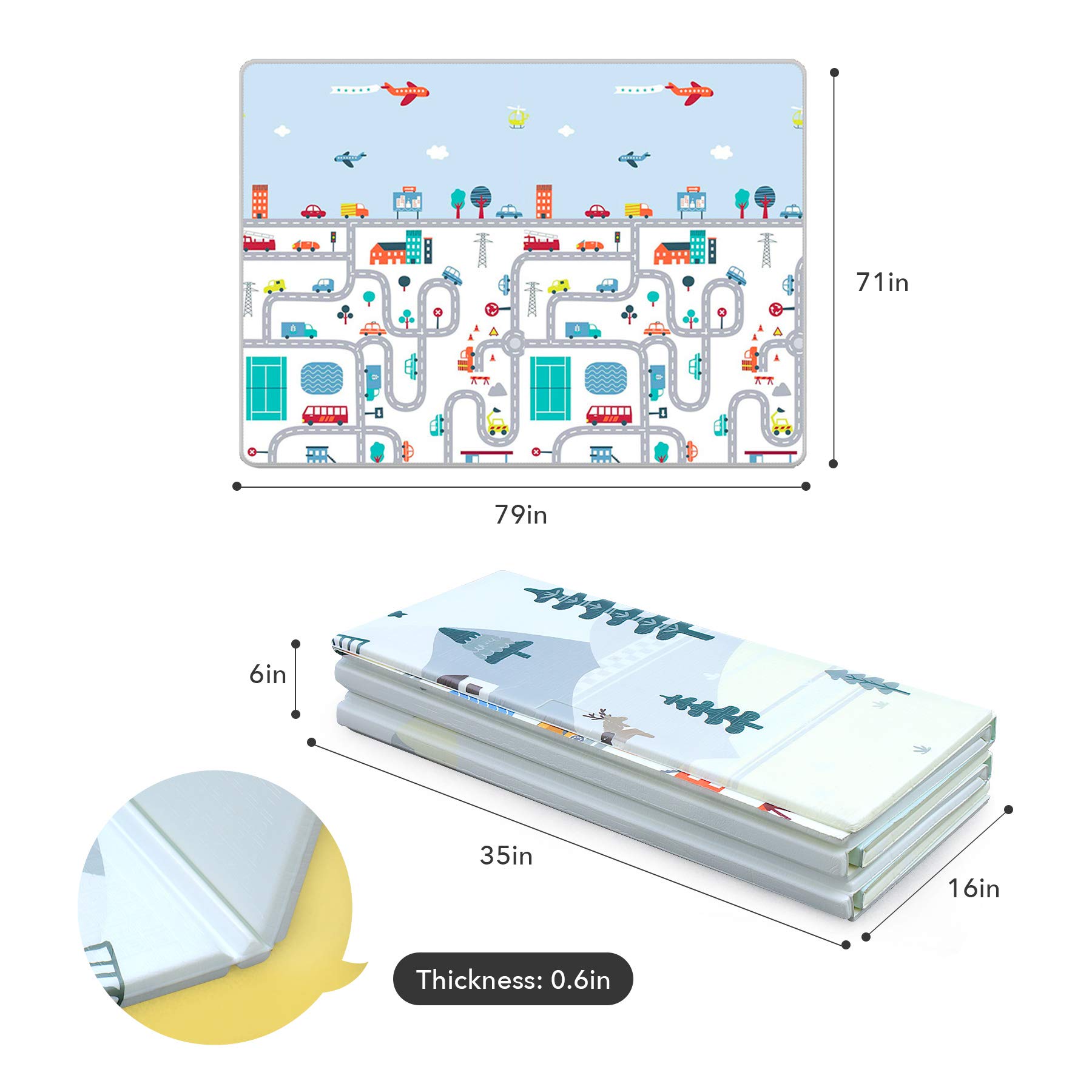 Foldable Baby Play Mat 0.6 Inch Thick Waterproof Baby Crawling Mats 79” x 71” Extra Large Play Mats for Babies Reversible Multifunctional Mats (0.6inch car)