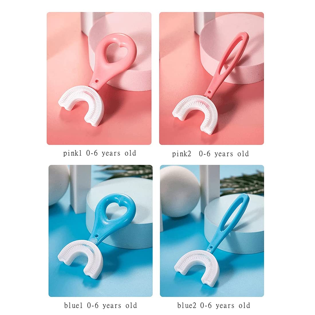 Pritbon 4Pcs Children's U-Shape Toothbrush for 360degree Thorough Cleansing, Heart/Oval U Shape Toothbrush for Kids 0-12 Years Old