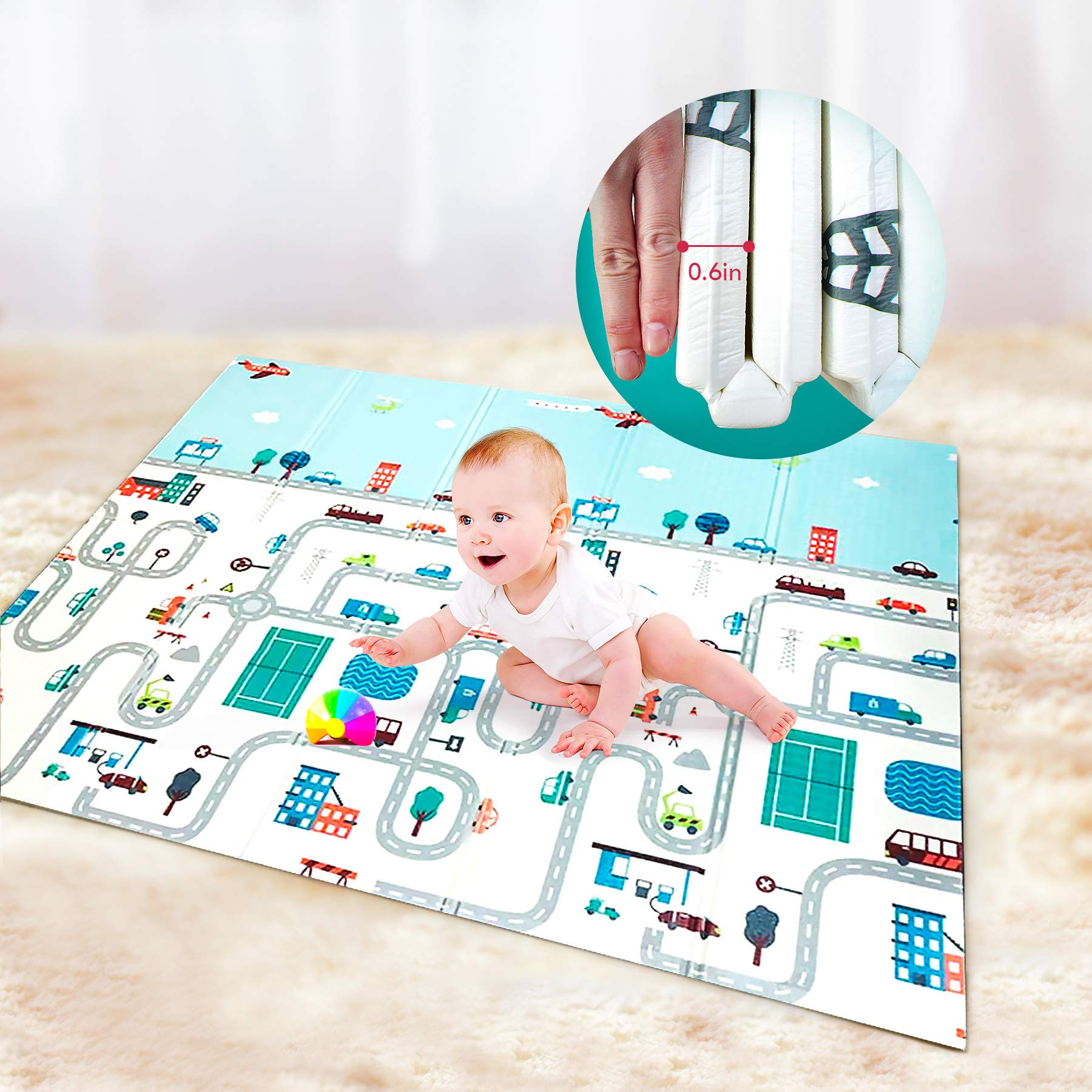 Foldable Baby Play Mat 0.6 Inch Thick Waterproof Baby Crawling Mats 79β x 71β Extra Large Play Mats for Babies Reversible Multifunctional Mats (0.6inch car)