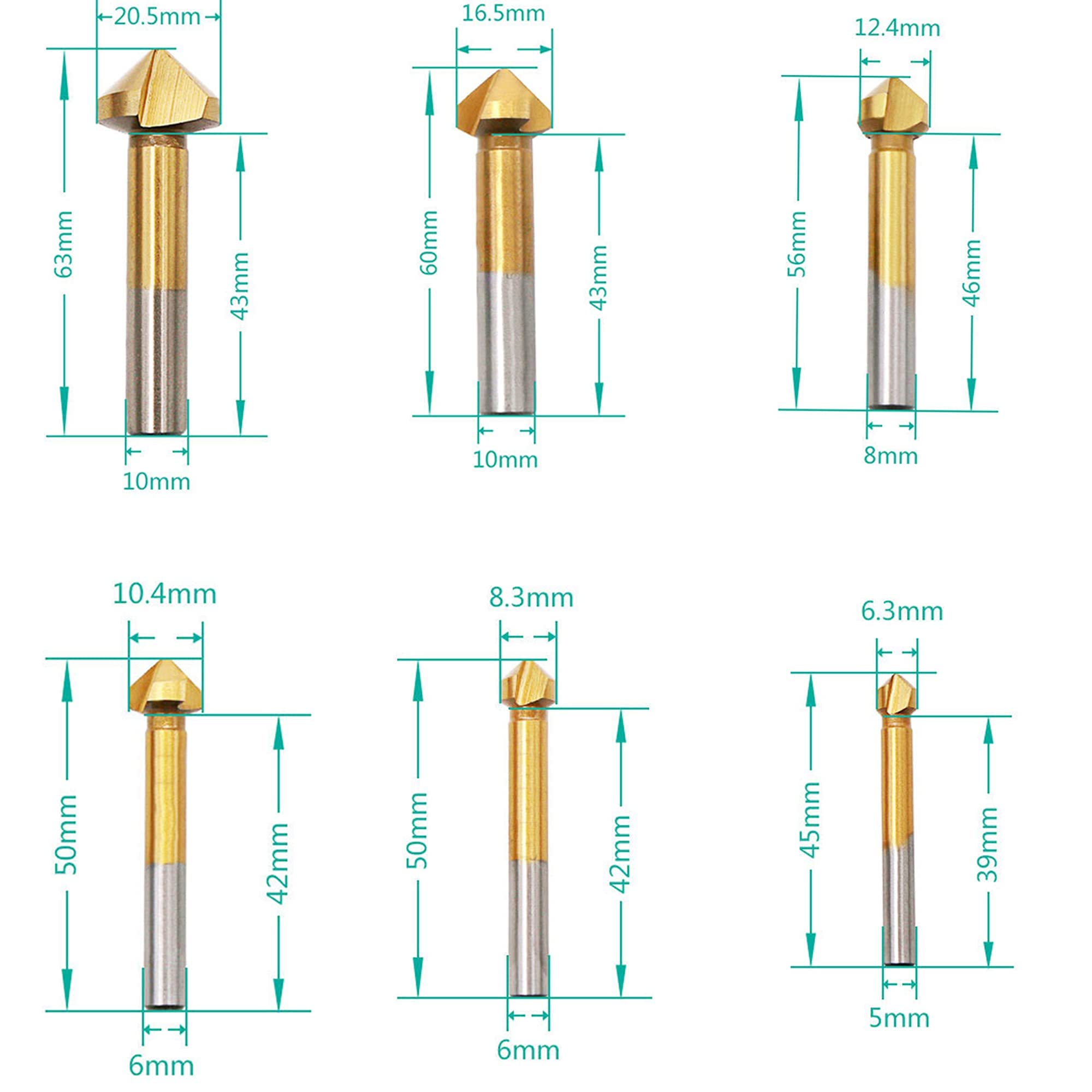 KEWAYO 3 Flute 90 Degree HSS Chamfering Tool Bit Countersink Drill Bit Set for Metal Wood Plastic Woodworking Metal Working Tool Bit Set, Pack of 6pcs