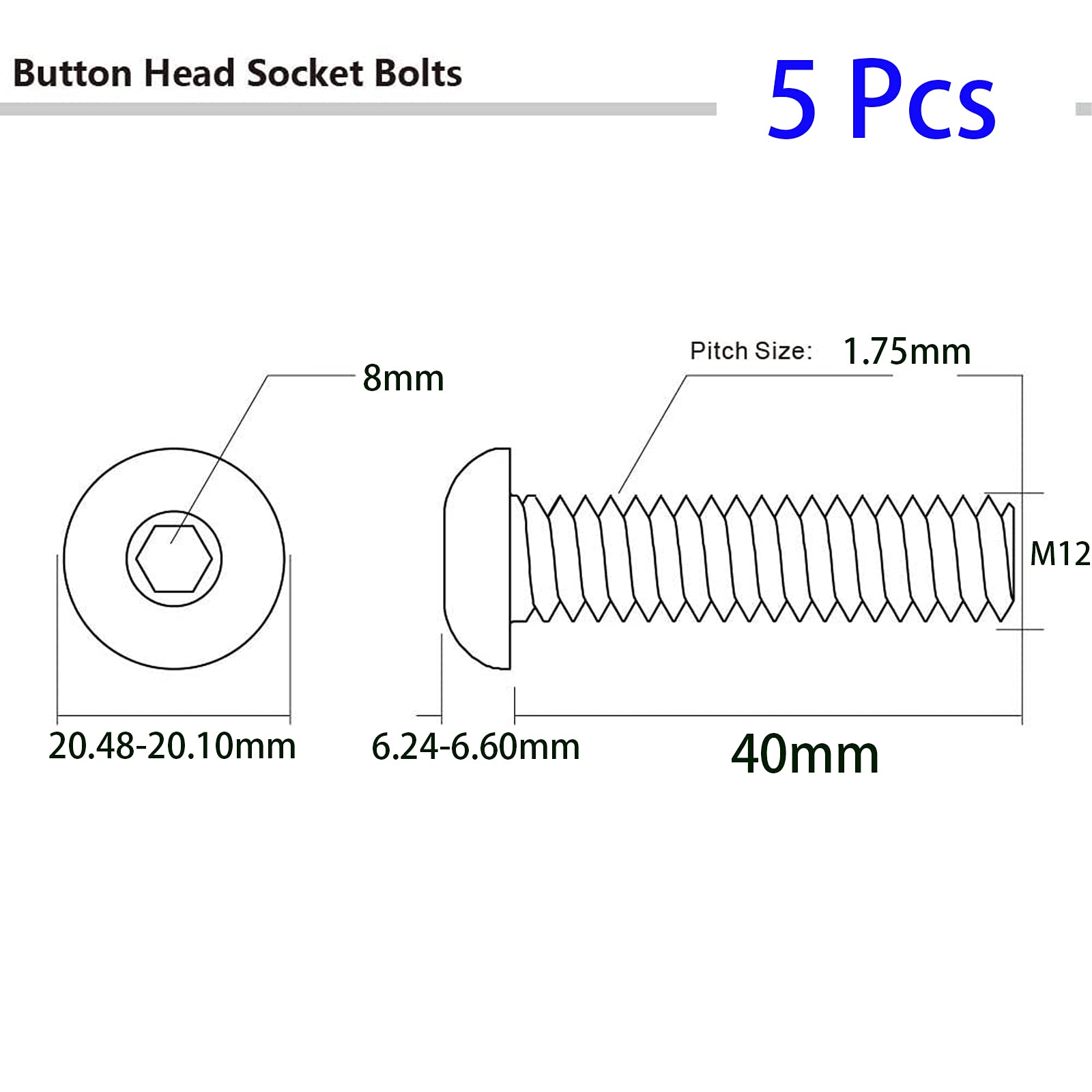 M12-1.75 x 40mm Button Head Socket Cap Screws, 10.9 Grade Alloy Steel, Allen Socket Drive, Black Oxide Finish, Full Thread (10.9 Grade,5 Pcs)