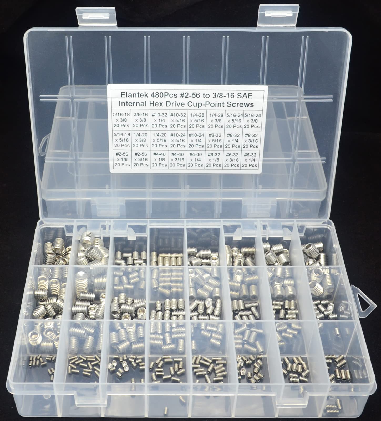 Elantek 24 Kinds #2-56 to 3/8-16 SAE 304-Stainless Steel Internal Hex Drive Cup-Point Set Screws Assortment Kit