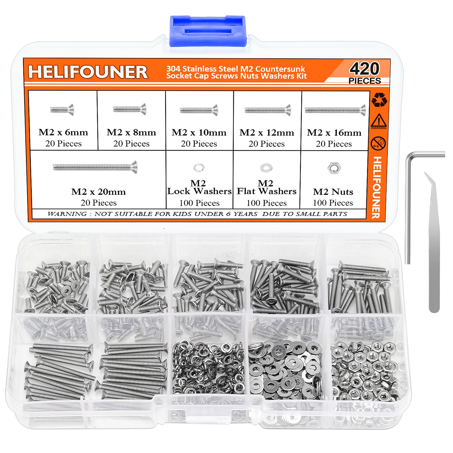 HELIFOUNER 420 Pieces M2 x 6mm /8mm /10mm /12mm /16mm /20mm, 304 Stainless Steel M2 Countersunk Socket Cap Screws Nuts Washers Kit