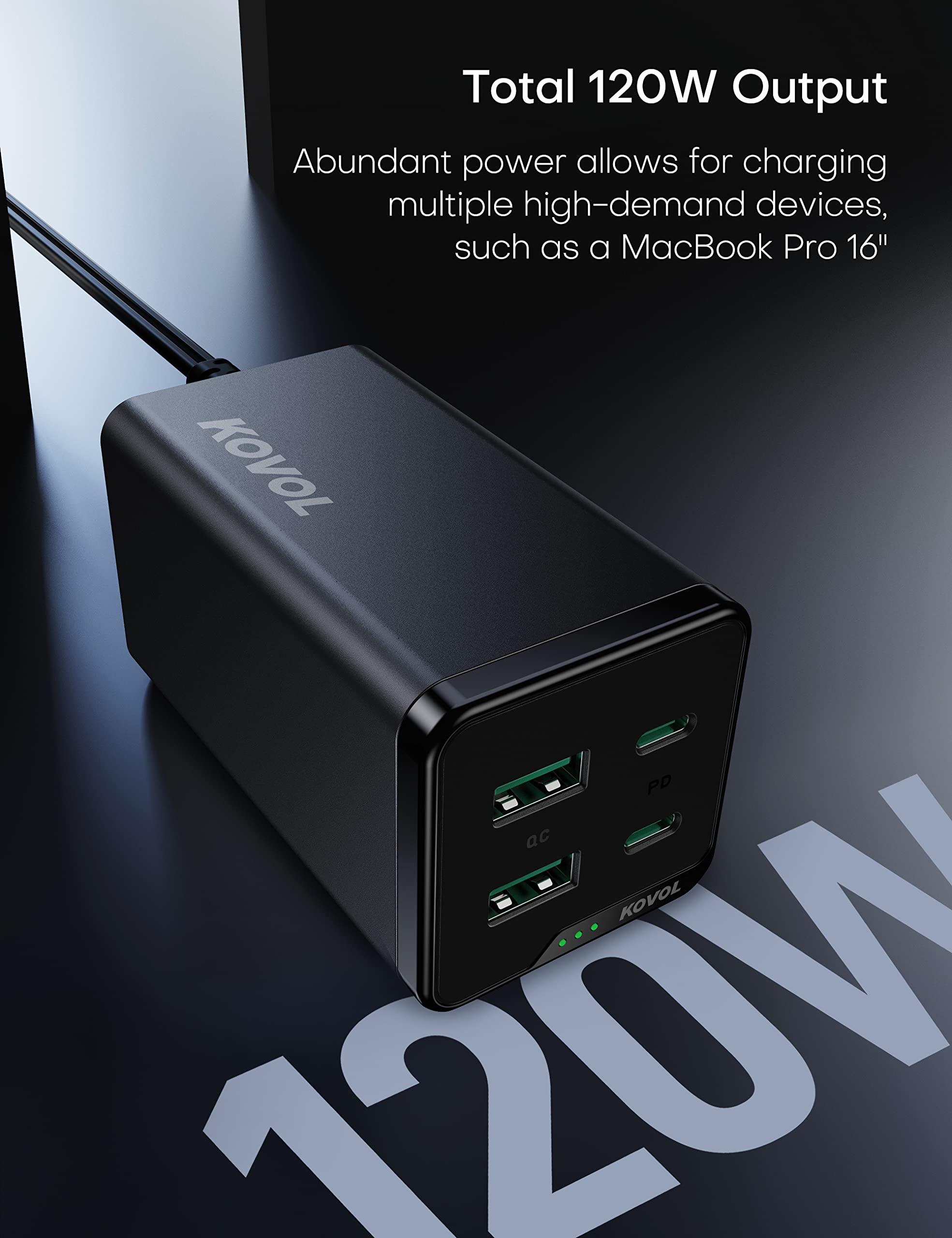 USB C Charger, KOVOL 120W GaN III USB C Charging Station, Powerful USB C Charger 100W, 4 Port Desktop Fast PD 3.0 Charger for MacBook Pro/Air, Dell, iPad Pro, iPhone 13/12, Galaxy and More