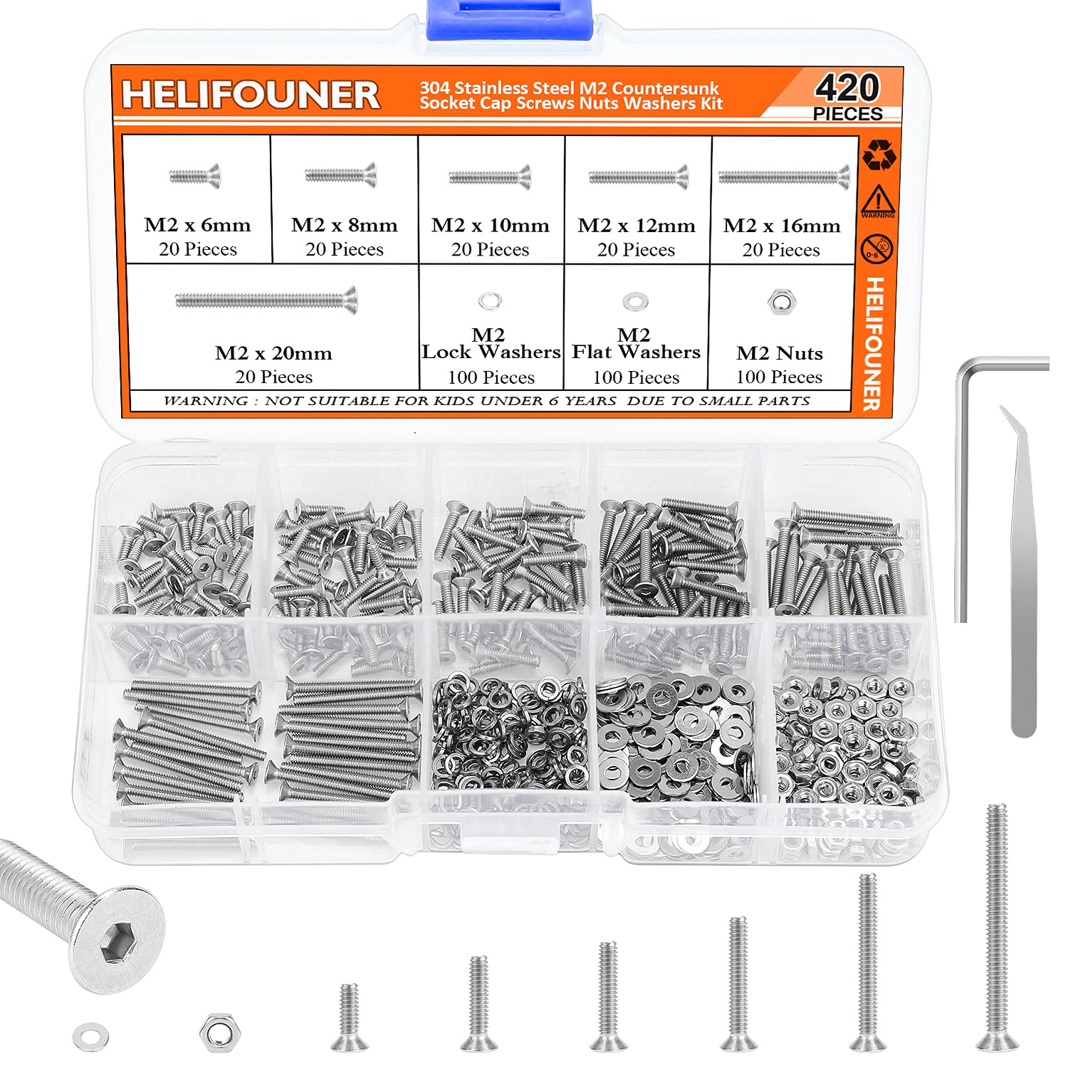 HELIFOUNER 420 Pieces M2 x 6mm /8mm /10mm /12mm /16mm /20mm, 304 Stainless Steel M2 Countersunk Socket Cap Screws Nuts Washers Kit