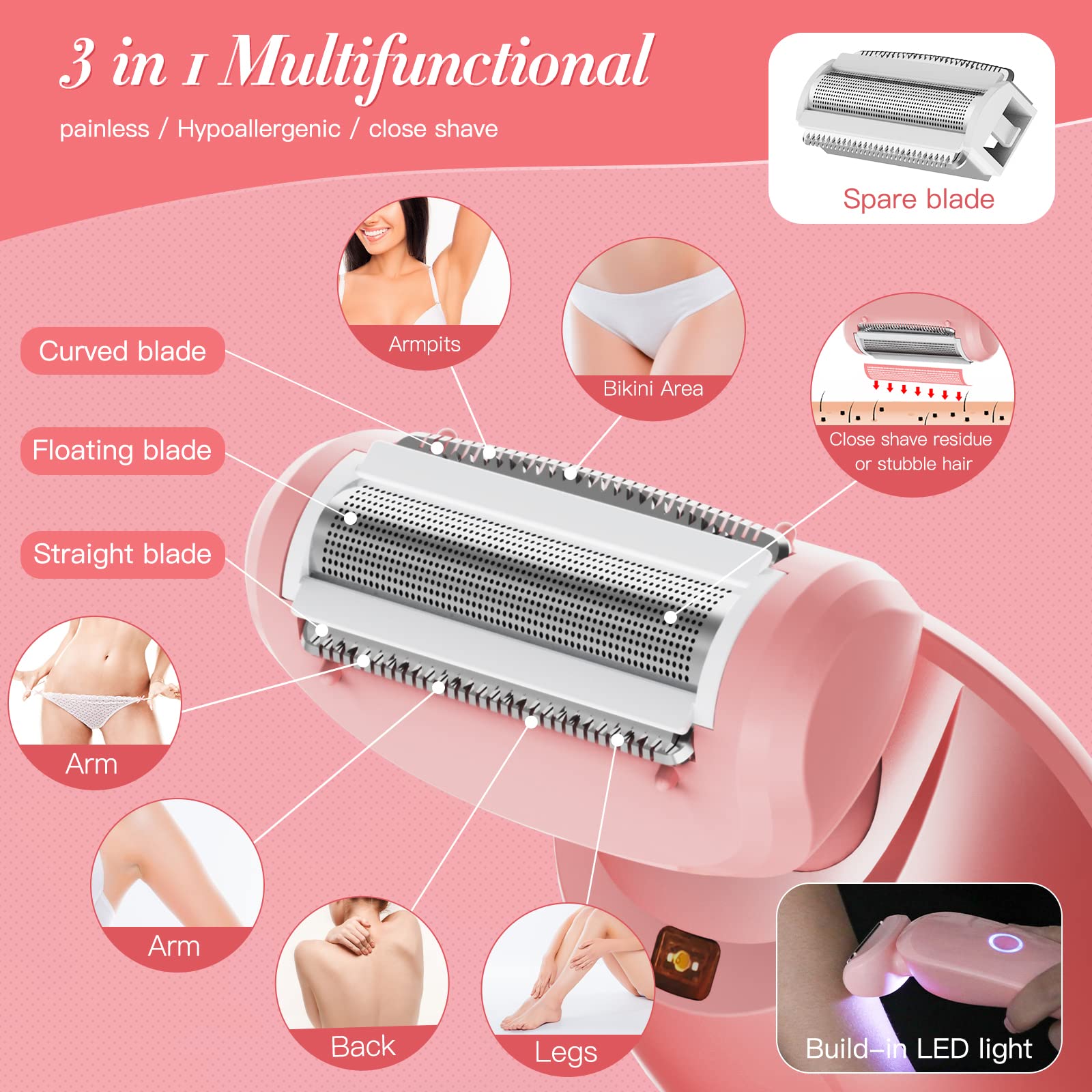 Electric Razor for Women - Womens Shaver Bikini Trimmer for Legs Bikini Underarm Public Hairs Rechargeable Wet and Dry Cordless with LED Light(Pink)