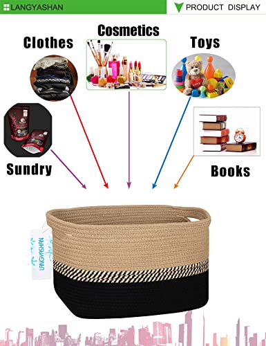 LANGYASHAN Rectangular Woven Rope Basket Decorative Blanket Basket for Living Room Storage or Nursery Laundry Hamper Basket with Handles Laundry Basket (Black Invisible Handle)
