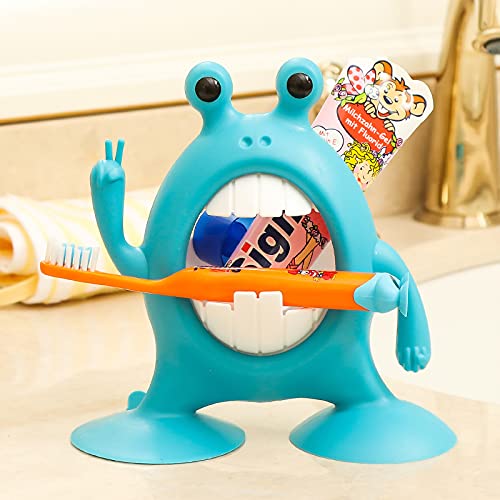 Cartoon Frog Fun Kids Toothbrush Holder with Suction Cup for Bathroom,Toothpaste Holder with Cup for Mounting on Smooth Wall for Toddler Kids Baby Boys Girls in Bathroom Shower Bedroom Office (Blue)