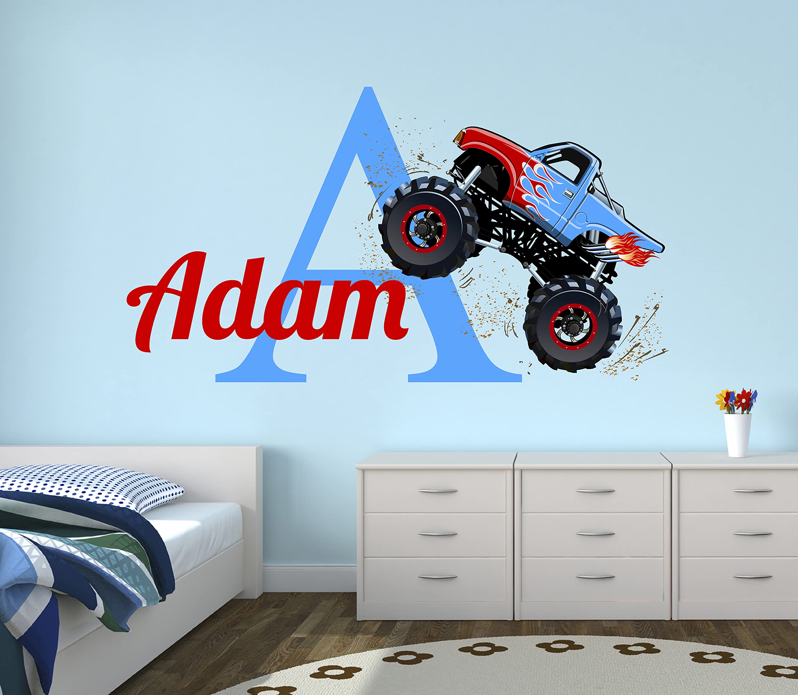Decalzone Inc Personalized Monster Truck Wall Decal - Monster Truck Wall Decor - Nursery Monogram Truck Theme Kids Bedroom Decor Baby Boy Room Vinyl Sticker (34inchW x 18inchH)