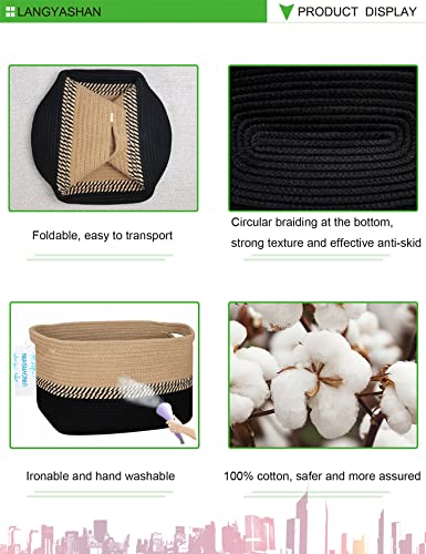 LANGYASHAN Rectangular Woven Rope Basket Decorative Blanket Basket for Living Room Storage or Nursery Laundry Hamper Basket with Handles Laundry Basket (Black Invisible Handle)