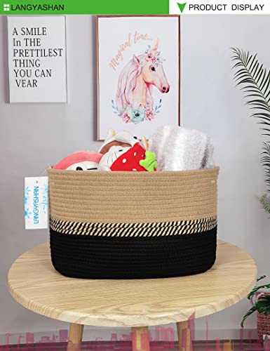 LANGYASHAN Rectangular Woven Rope Basket Decorative Blanket Basket for Living Room Storage or Nursery Laundry Hamper Basket with Handles Laundry Basket (Black Invisible Handle)