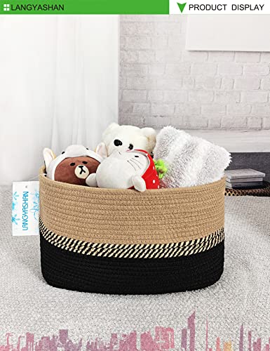 LANGYASHAN Rectangular Woven Rope Basket Decorative Blanket Basket for Living Room Storage or Nursery Laundry Hamper Basket with Handles Laundry Basket (Black Invisible Handle)