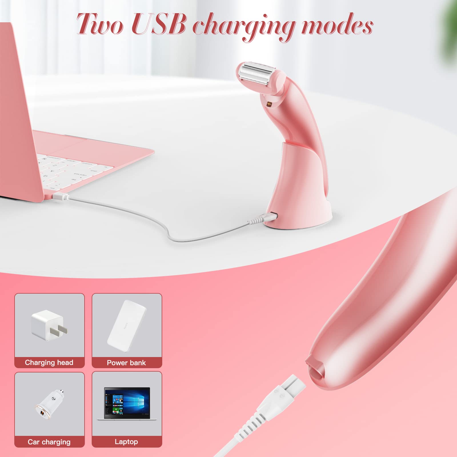 Electric Razor for Women - Womens Shaver Bikini Trimmer for Legs Bikini Underarm Public Hairs Rechargeable Wet and Dry Cordless with LED Light(Pink)