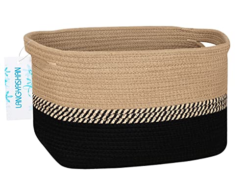 LANGYASHAN Rectangular Woven Rope Basket Decorative Blanket Basket for Living Room Storage or Nursery Laundry Hamper Basket with Handles Laundry Basket (Black Invisible Handle)