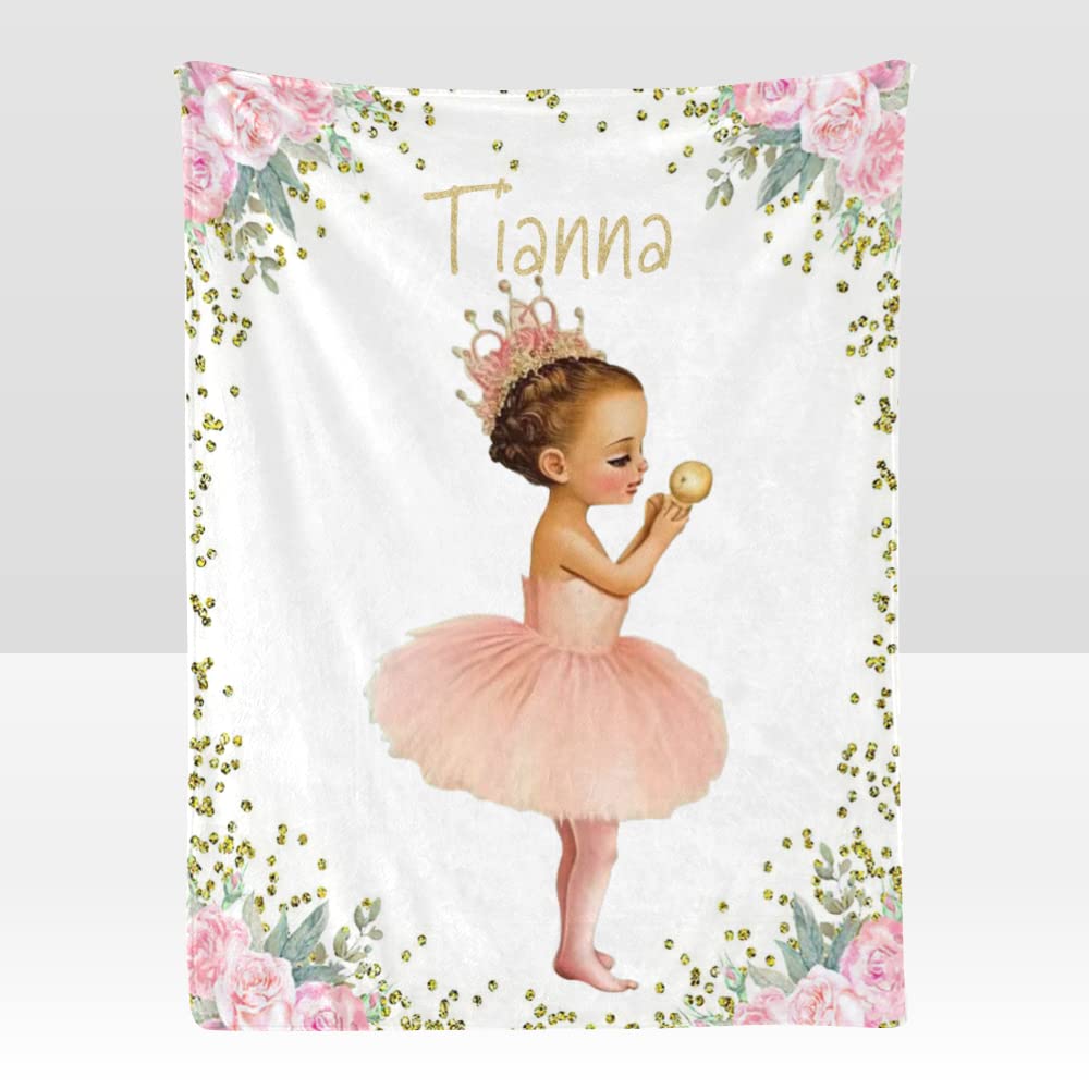 XOZOTY Personalized Cute Golden Hat Girl Pink Flowers Baby Blanket with Name Custom Baby Nursery Throw Fleece Blankets for Boys and Girls Birthday Tapestry 30 X 40inch
