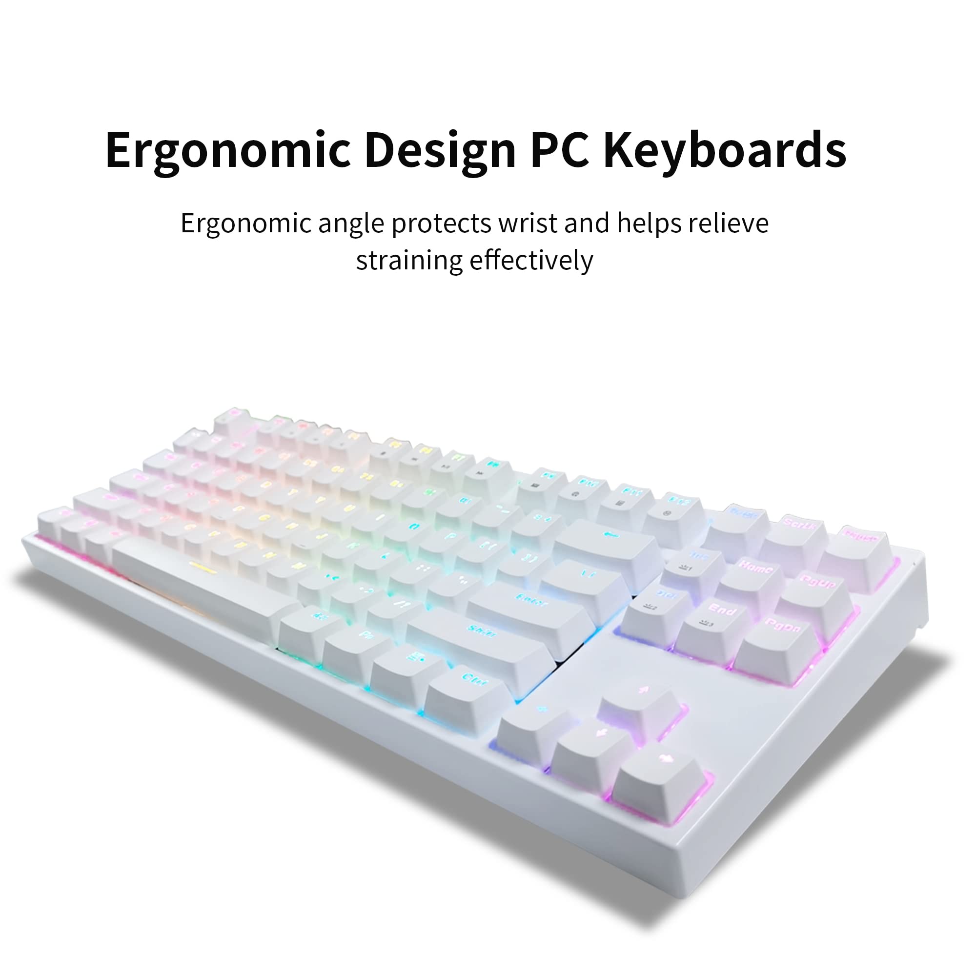 SUPUR NEWLING Wired Gaming Keyboard, RGB Backlit USB Rechargeable Ergonomic Design, TKL Mechanical Keyboard Red Switch Keyboards for Mac/Laptop Window 7/8/10 (White, 87 Keys)