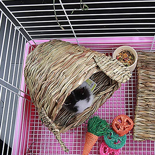heave Hand-Made Rabbit Grass Bed House,Natural Seagrass Hideaway Play and Chew Toys Woven Folding Hut for Rabbit, Guinea Pig, Gerbils, Hamster and Other Small Animals Wood Color