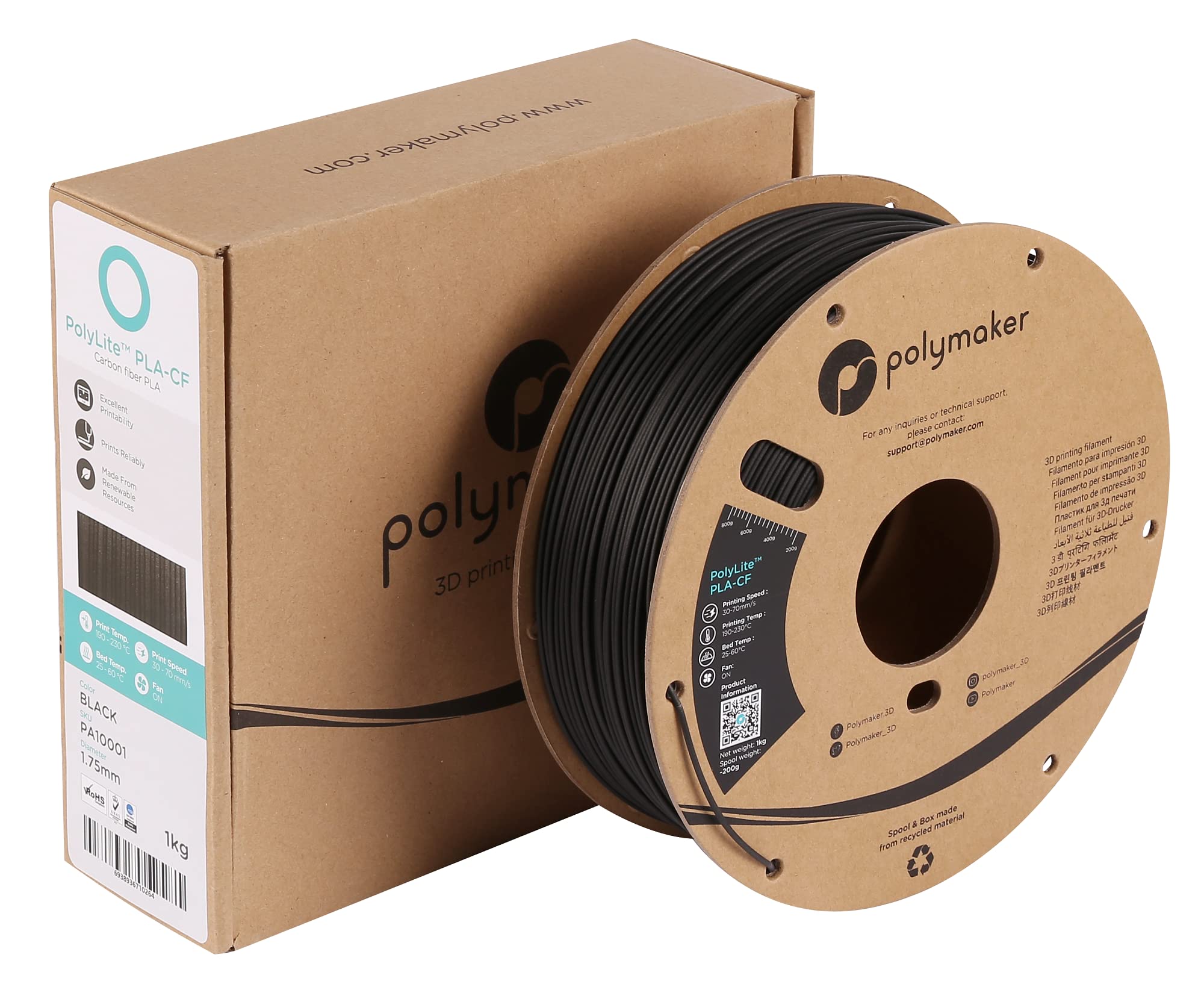 Polymaker Carbon Fiber PLA Filament 1.75mm, Carbon Fiber Reinforced PLA 3D Printer Filament Strong 1kg - PolyLite 1.75 PLA Carbon Fiber 3D Printer Filament Strong & Easy to Print & Matte PLA-CF