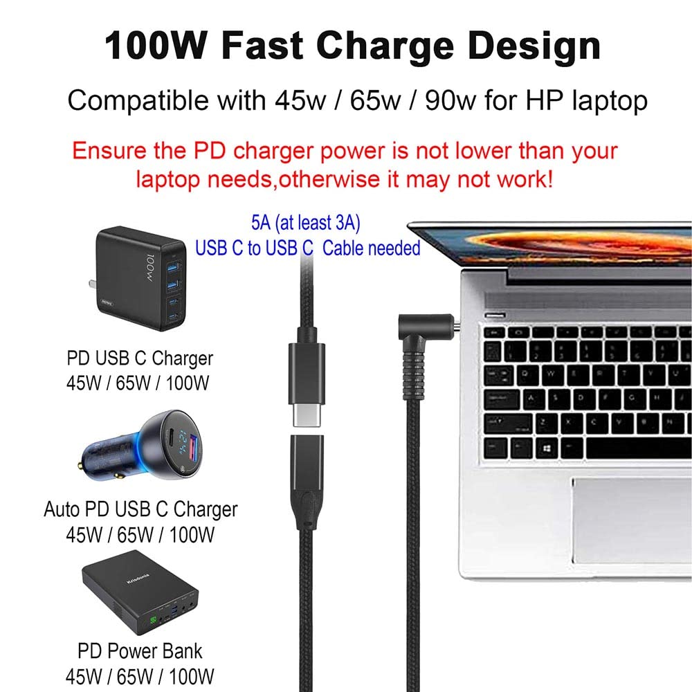 USB C to Blue Tip Charge Cable Adapter for hp 19.5V 45W 65W Laptop AC Power Supply for Pavilion elitebook Stream touchsmart 11 13 14 15 Folio 1040 g1 Spectre ultrabook 13 (Female Nylon USB-C to 4.5mm)