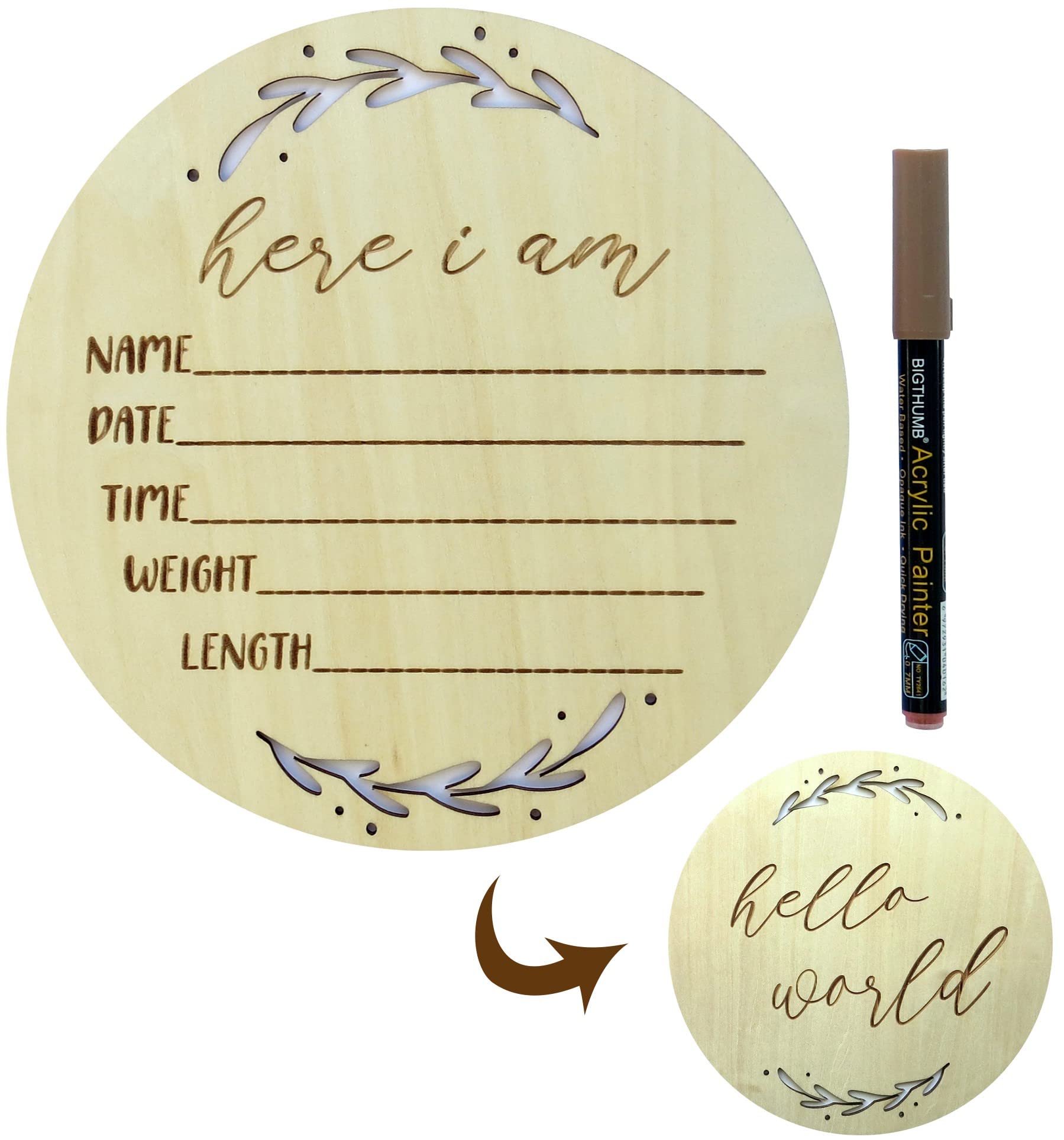 8 inch Large Baby Birth Announcement Sign for Hospital, 2 Sided:Hello World Newborn Sign/Baby Announcement Sign. Incl. Acrylic Marker ink pen (Light)