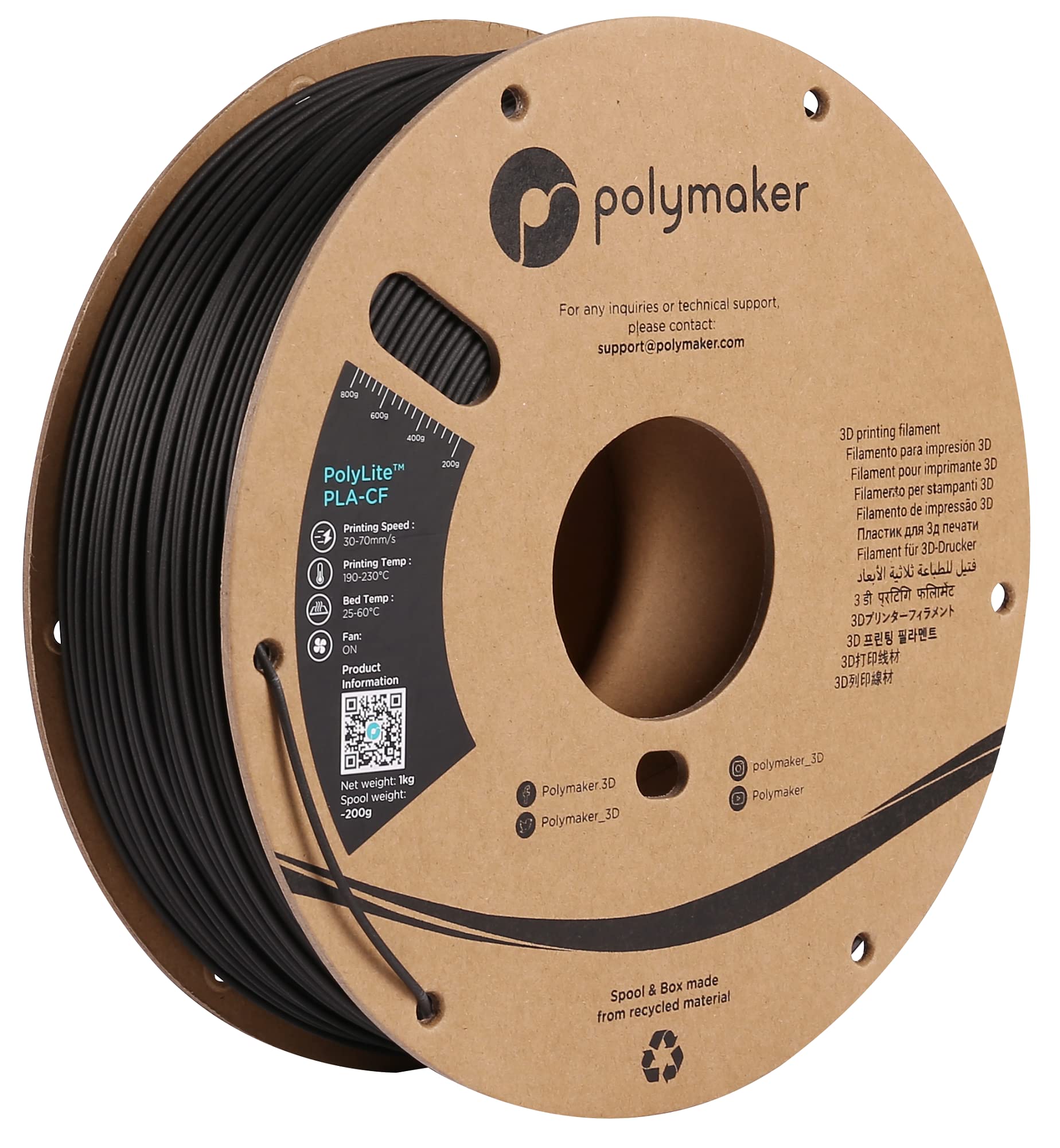 Polymaker Carbon Fiber PLA Filament 1.75mm, Carbon Fiber Reinforced PLA 3D Printer Filament Strong 1kg - PolyLite 1.75 PLA Carbon Fiber 3D Printer Filament Strong & Easy to Print & Matte PLA-CF