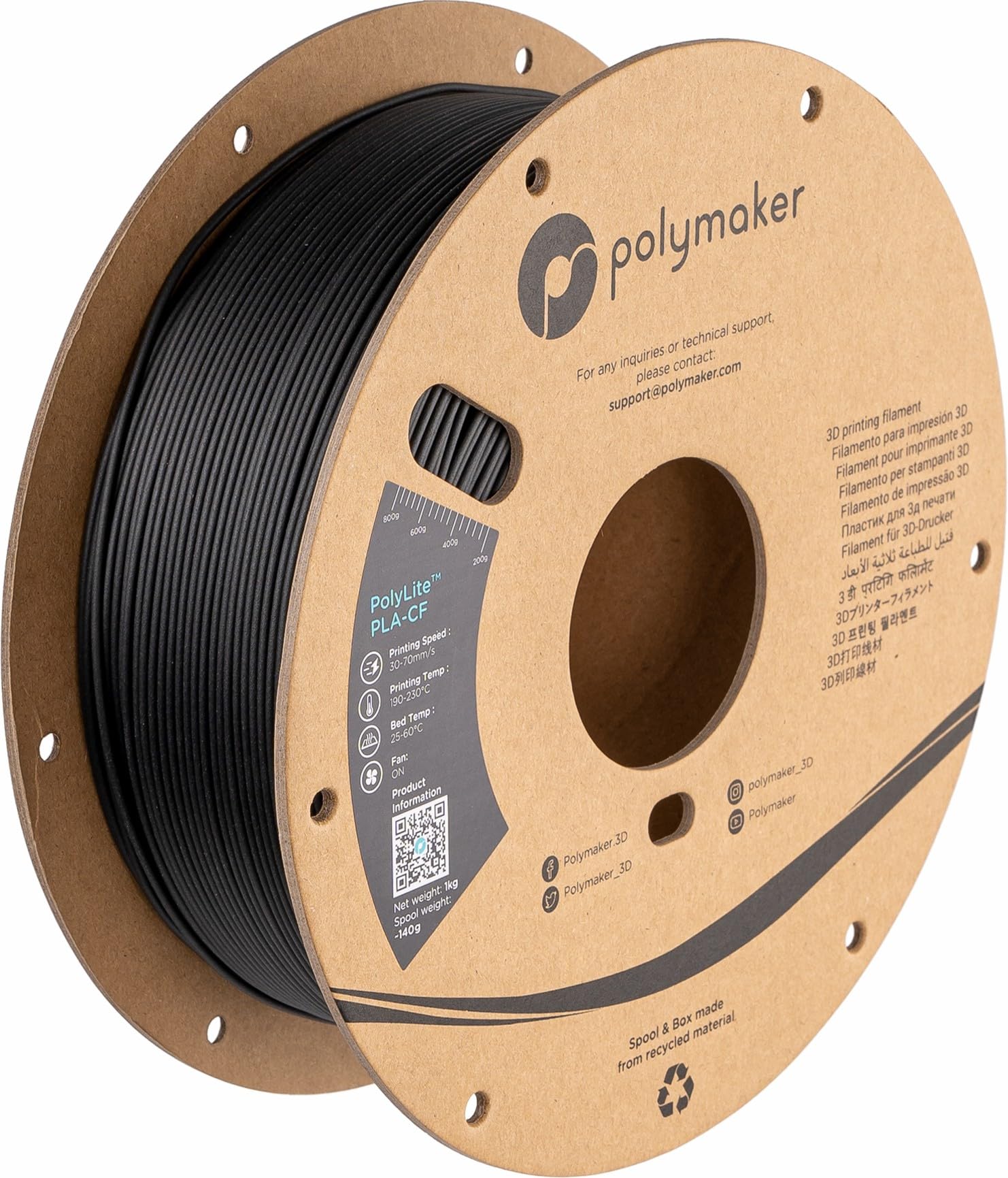 Polymaker Carbon Fiber PLA Filament 1.75mm, Carbon Fiber Reinforced PLA 3D Printer Filament Strong 1kg - PolyLite 1.75 PLA Carbon Fiber 3D Printer Filament Strong & Easy to Print & Matte PLA-CF