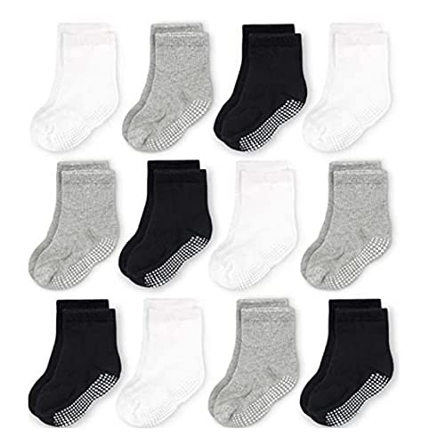 HLPHA Baby Non Slip Socks For Toddler Boys Girls,12 pairs Of Kids Cotton Socks For 0-5 Years (Black Soild,1-3T)