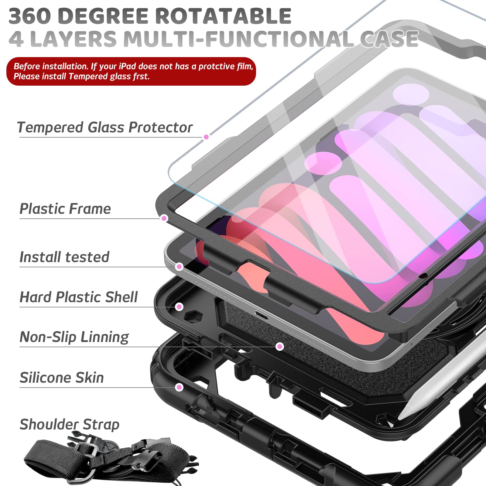 Blosomeet iPad Mini 6 Case 8.3" 2021 with Tempered Glass Screen Protector Pencil Holder [360 Rotating Hand Strap] &Stand, Heavy Duty Case for iPad Mini 6th Generation | Black