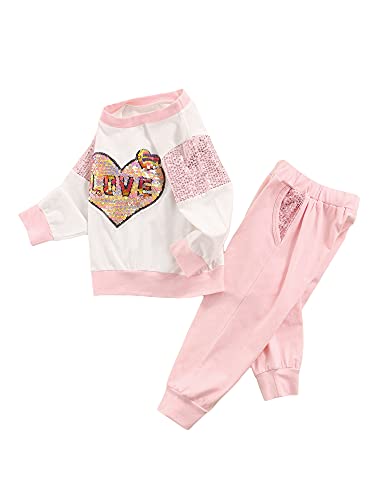 Inevnen Toddler Baby Girl Clothes Love Heart Leopard Sequin Pullover Top and Pants Set 2pcs Fall Winter Outfits (Pink, 5-6 Years)