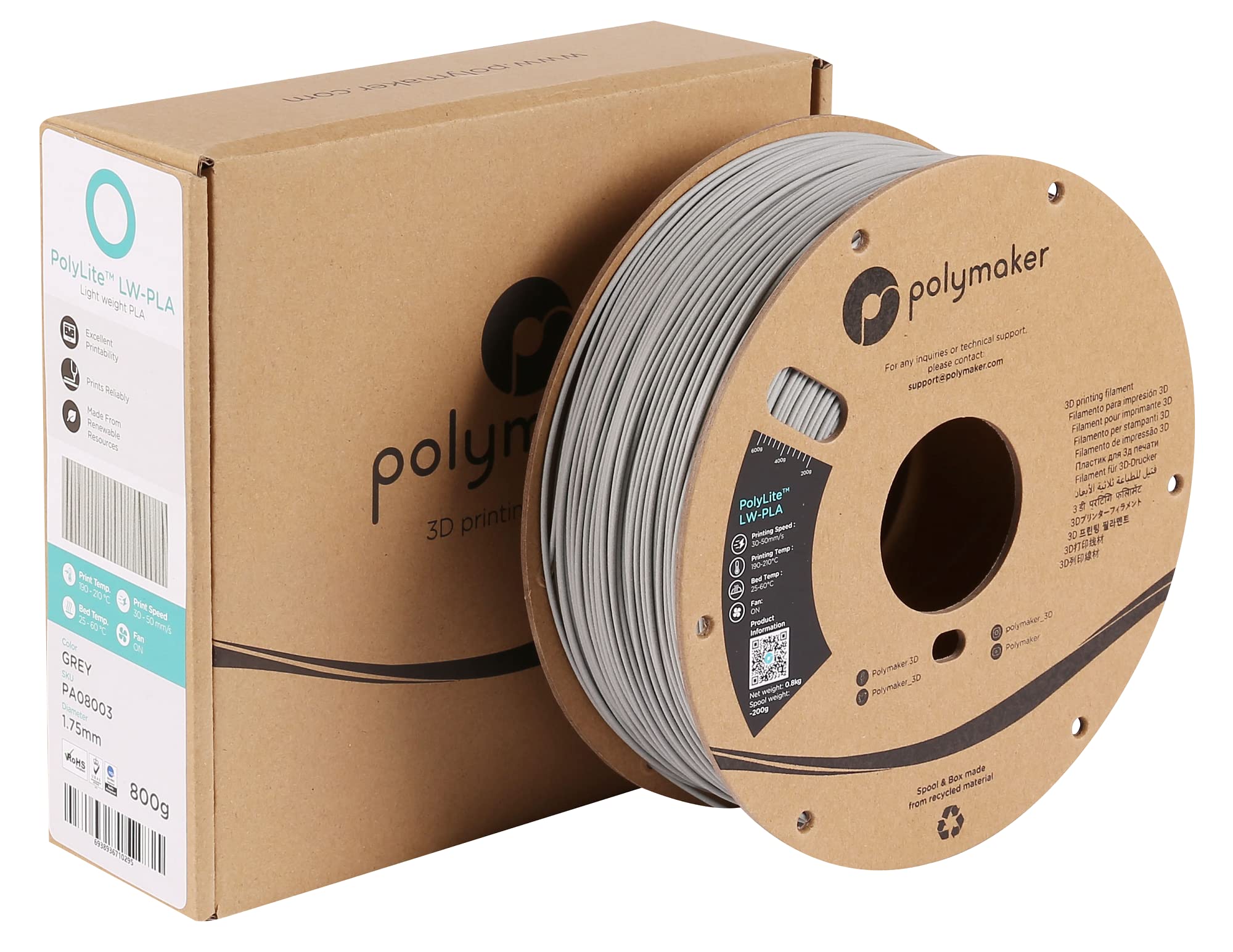 Polymaker LW PLA Filament 1.75mm Gray, Pre-Foamed PLA 800g Lightweight 3D Filament - PolyLite 3D Printer LW-PLA for Printing RC Plane, 190-210 °C Printing Temp. | High Rigidity | Easy to Paint