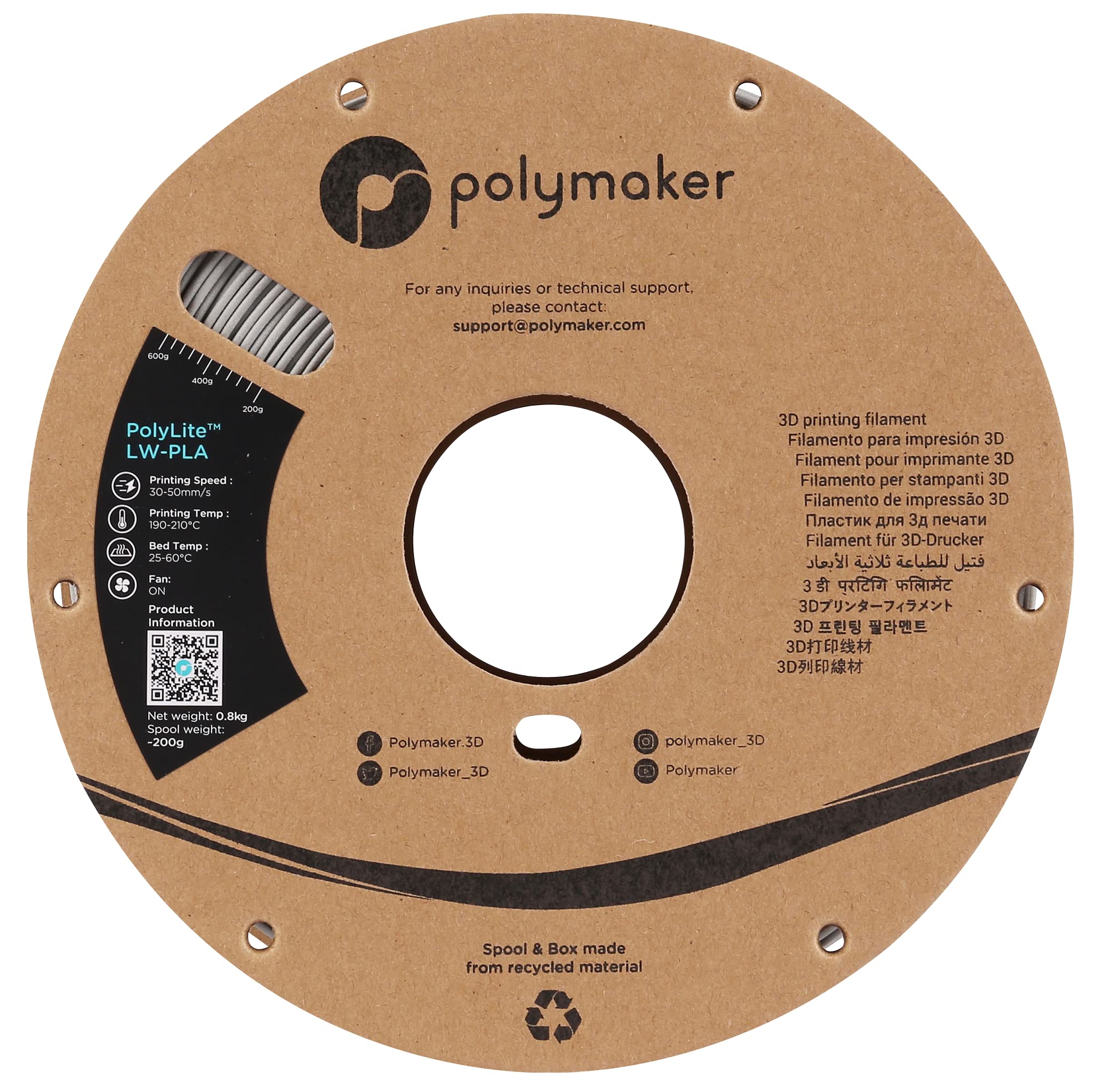 Polymaker LW PLA Filament 1.75mm Gray, Pre-Foamed PLA 800g Lightweight 3D Filament - PolyLite 3D Printer LW-PLA for Printing RC Plane, 190-210 °C Printing Temp. | High Rigidity | Easy to Paint