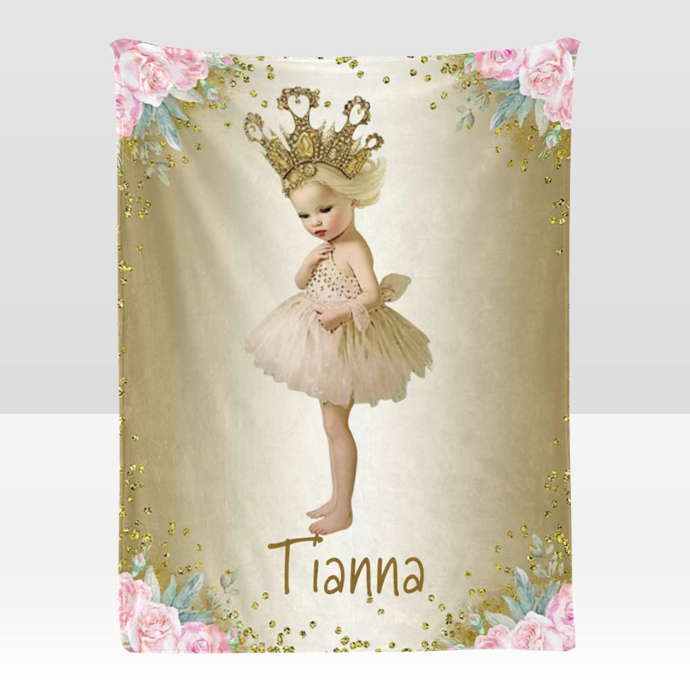 XOZOTY Personalized Golden Hat Girl Pink Flowers Golden Baby Blanket with Name Custom Baby Nursery Throw Fleece Blankets for Boys and Girls Birthday Tapestry 30 X 40inch
