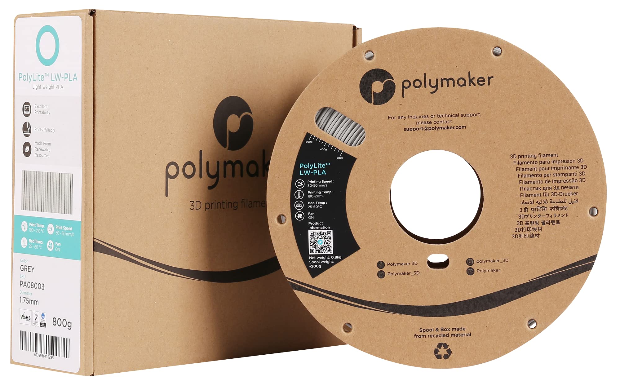 Polymaker LW PLA Filament 1.75mm Gray, Pre-Foamed PLA 800g Lightweight 3D Filament - PolyLite 3D Printer LW-PLA for Printing RC Plane, 190-210 °C Printing Temp. | High Rigidity | Easy to Paint