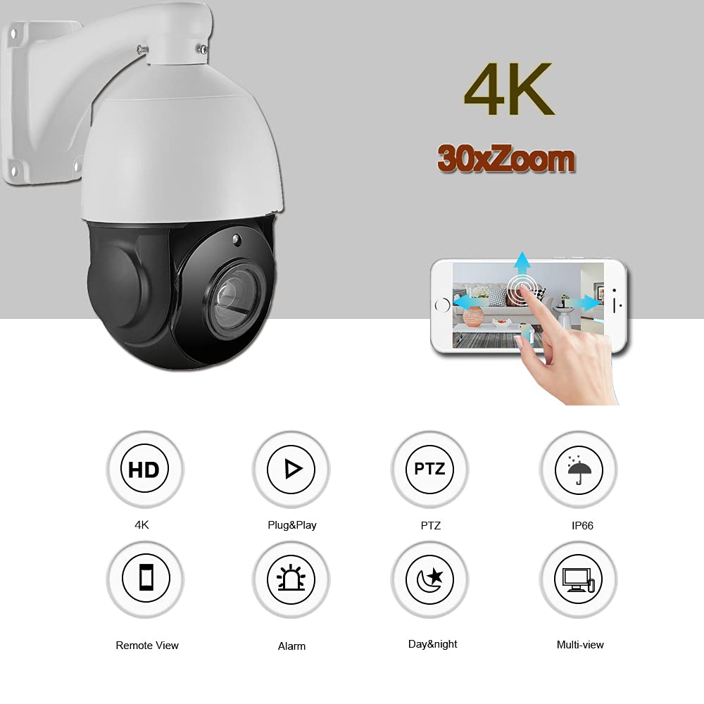 Alptop Outdoor 4K PTZ IP POE 8MP Security Camera Pan Tilt 30xOptical Zoom Speed Dome 300FT IR Night Vision with Motion Detection IP66 Weatherproof 4.5inch