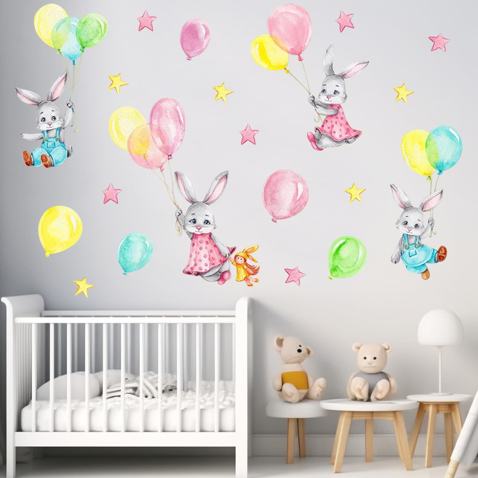 SITAKE Wall Stickers for Kids, Cute Bunny and Balloon Wall Decals, Animal Wall Stickers and Murals, Rabbit Wall Stickers for Girls' Bedroom Nursery Living Room Playroom (Bunny Balloon)