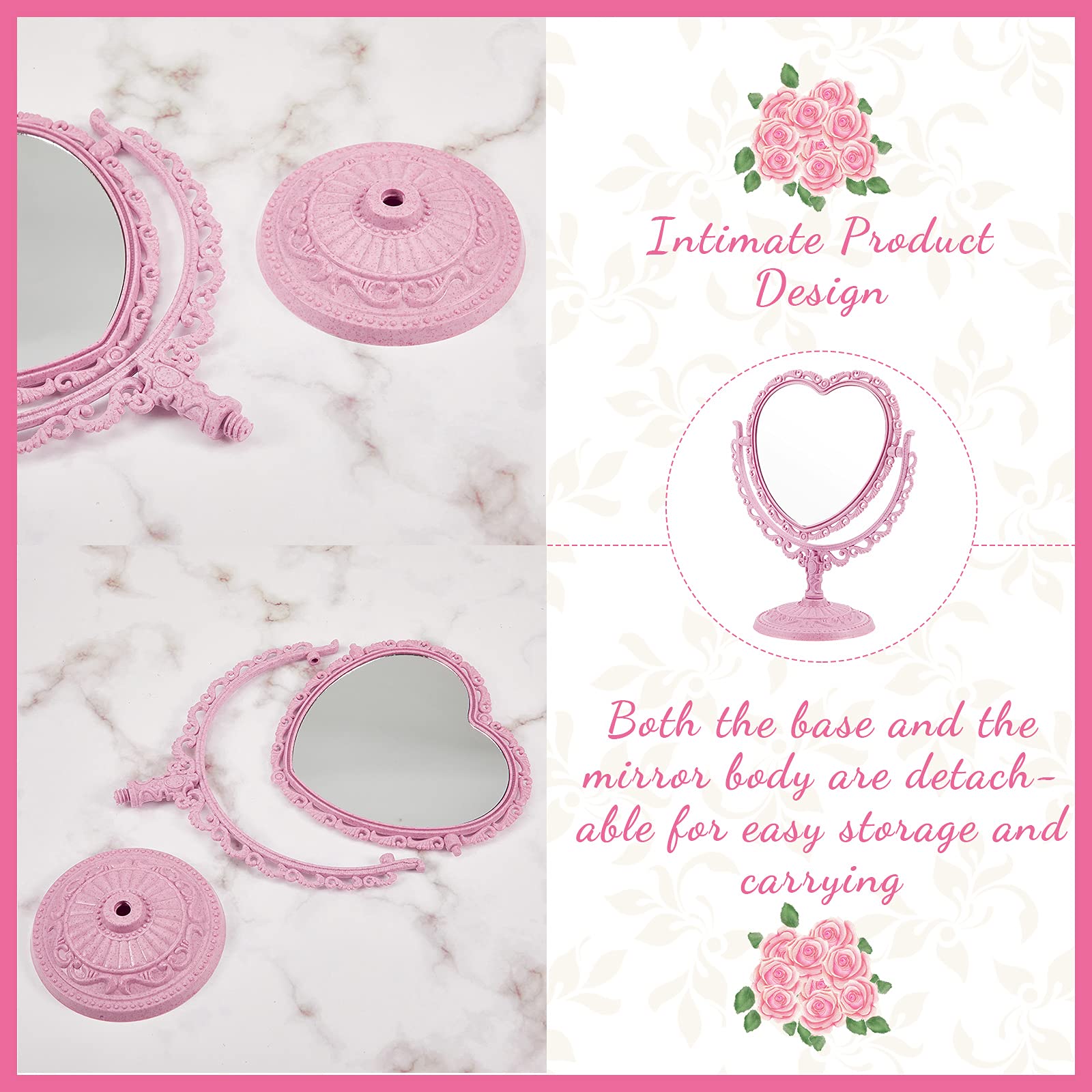 CHENGU Heart Shaped Mirror 8 Pieces Hair Styling Combs Double Sided Rotatable Dresser Heart Mirror Makeup Gifts for Girls Gift Vanity Tabletop(Pink)