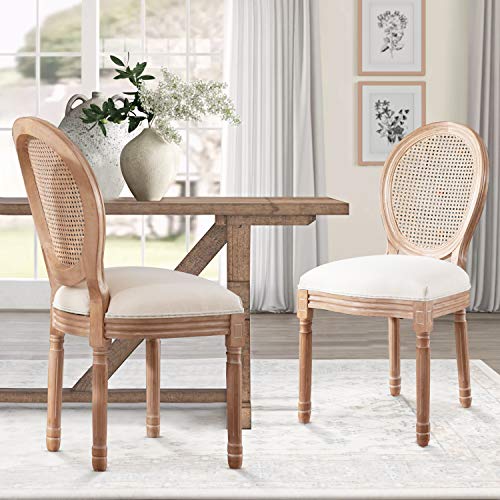 Recaceik French Country Dining Chair Set of 2, Farmhouse Dining Room Chairs with Rattan Round Back & Rubber Wood Legs Finish, Upholstered Kitchen Chairs for Dining Room/Living Room/Restaurant, Beige