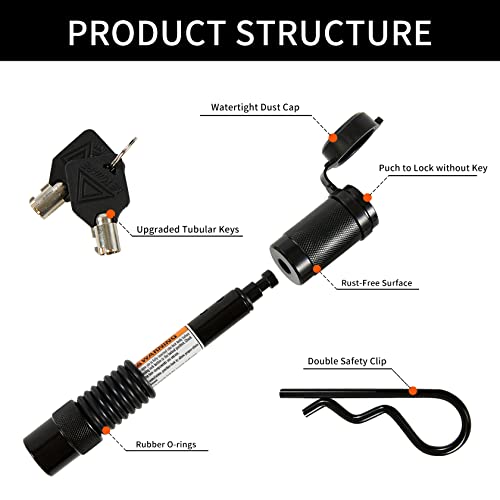 META Hardware Trailer Hitch Locks, 5/8" Dia 4" Long Hitch Lock with Extra Safety Clip & Anti Rattle O-Rings Fits 2", 2-1/2β, 3β, Class III IV V Receivers (1 Pack)