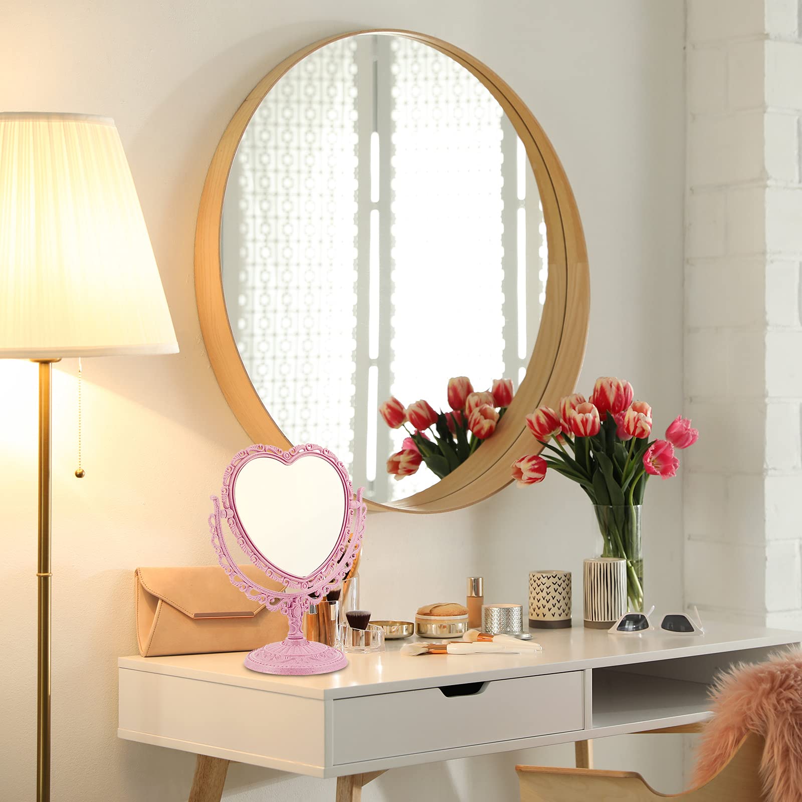 CHENGU Heart Shaped Mirror 8 Pieces Hair Styling Combs Double Sided Rotatable Dresser Heart Mirror Makeup Gifts for Girls Gift Vanity Tabletop(Pink)