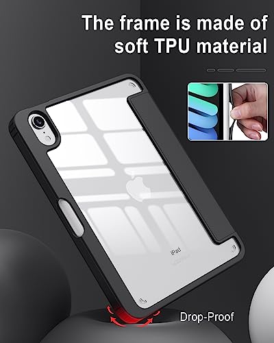 ZtotopCases iPad Mini 6 Case (8.3 Inch) 2021 with Pencil Holder, Transparent Clear Back Shell, Slim Lightweight TPU Trifold Stand Cover Auto Sleep/Wake for iPad Mini 6th Generation 8.3'', Black
