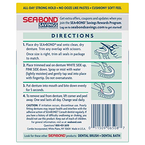 Sea-Bond Secure Denture Adhesive Seals, Fresh Mint Lowers, Zinc-Free, All-Day-Hold, Mess-Free, 30 Count (Pack of 4)
