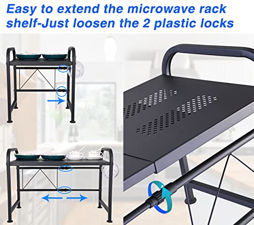 Expandable Microwave Shelf Rack Unit Kitchen Storage Stand Countertop Organizer w/ 4 Hooks 2-Tier Steel (L16.1"~26"x Depth13.58"x Height Clearance 14") for Toaster, Max Load 83lbs, Matte Black