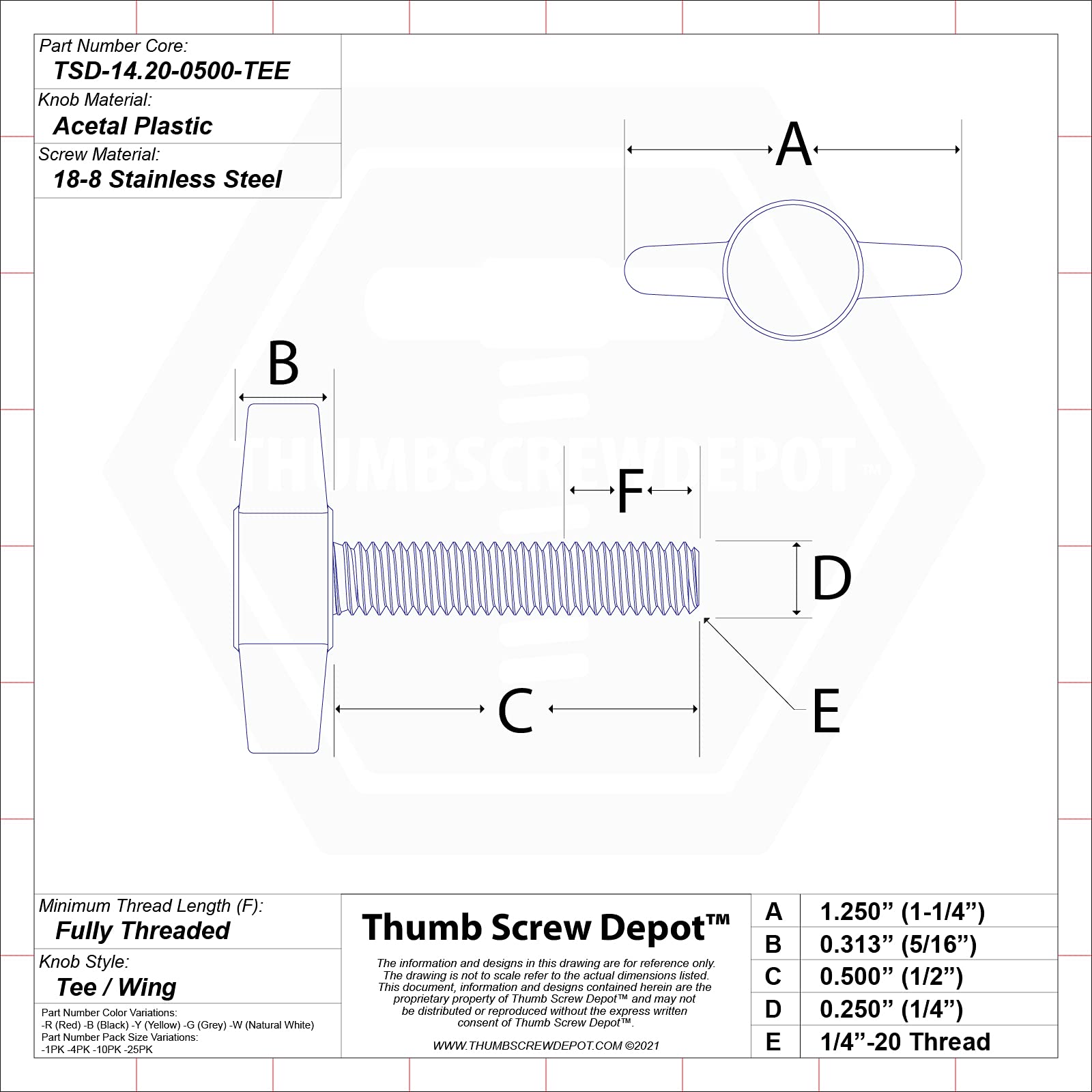 1/4"-20 x 1/2" Thumb Screw Stainless Steel - Black Tee Wing Plastic Knob - Standard/Coarse Thread Thumbscrew - Length: 0.500" - Proudly Built in USA - Package of (4)
