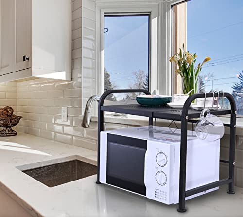 Expandable Microwave Shelf Rack Unit Kitchen Storage Stand Countertop Organizer w/ 4 Hooks 2-Tier Steel (L16.1"~26"x Depth13.58"x Height Clearance 14") for Toaster, Max Load 83lbs, Matte Black