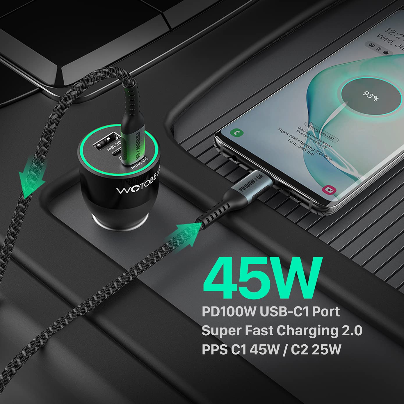 WOTOBEUS 120W USB C Car Charger Adapter with Dynamic LED Display - PD3.0 100W & PPS 45W QC5 Super Fast Charging, Fit for iPhone 16 15 14, iPad, MacBook, Samsung Galaxy S24 S23, Pixel, Type-C Laptops