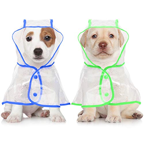 2 Pieces Pet Dog Raincoat Clear Pet Waterproof Clothes Hooded Rain Jacket Plastic Puppy Rain Poncho Pet Rainwear for Small Medium Dog (Blue and Green,S)