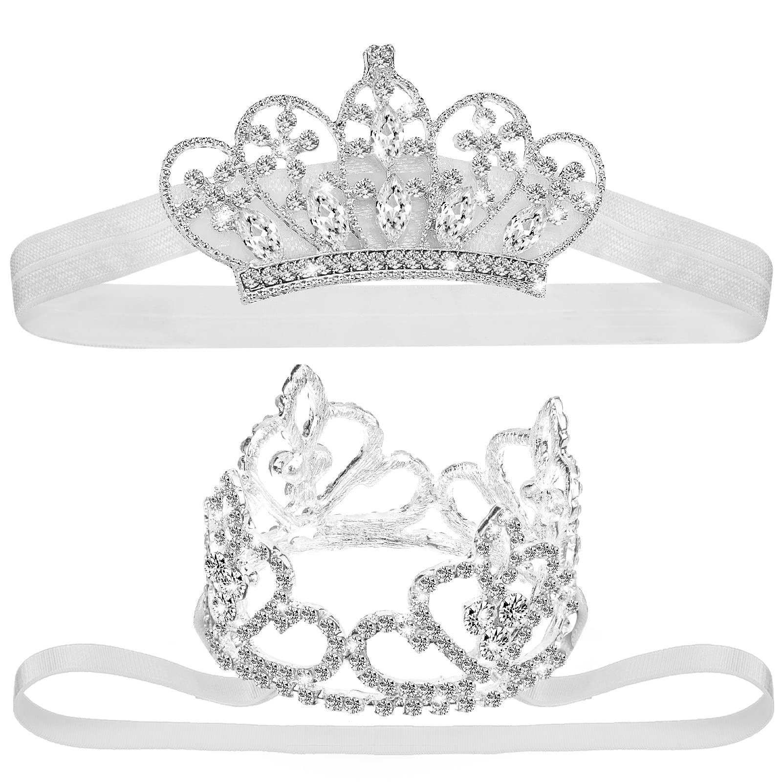 2 Pieces Baby Crown Baby Tiara baby crown headband baby girl crown Newborn Crown for Baby Girl infant tiara princess tiaras for little girls Birthday Elastic hair band Photography Outfits (Silver, White)