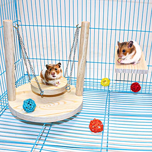 3 Pcs Hamster Enrichment Toy, Natural Wooden Hamster Swing with Base Durable Chinchilla Ledge Increase Activity Rodent Playground for Dwarf Hamster Gerbil Budgie Finch