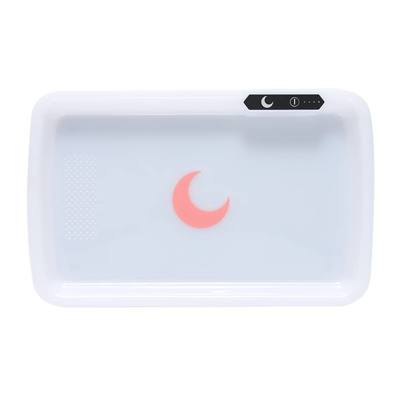 Brando Moon White LED Tray with Built in Grinder and Night Light - Glow Light Up Tray 7 Colors - Rechargeable and Smooth Round Edges